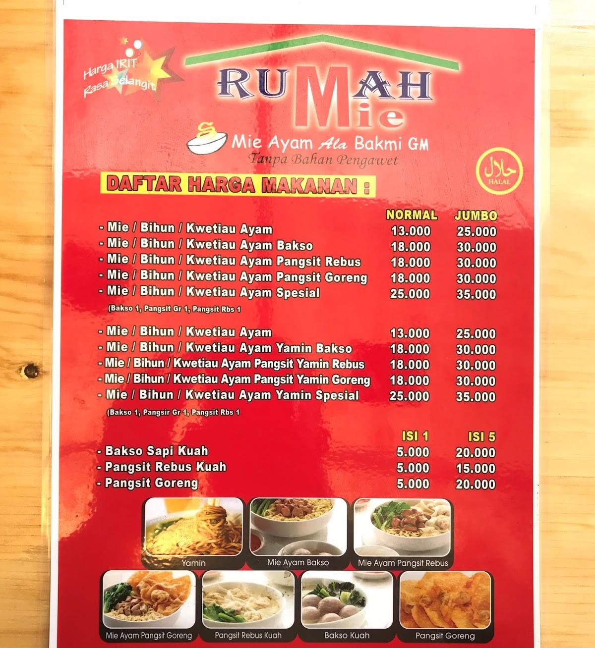 Menu at Rumah Mie Ala GM Rancho restaurant, South Jakarta