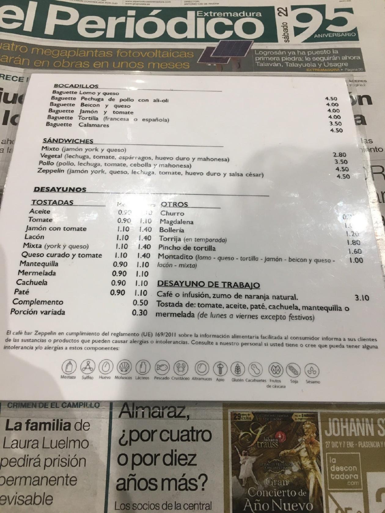 Menu at Café Bar Zeppelin, Cáceres‎