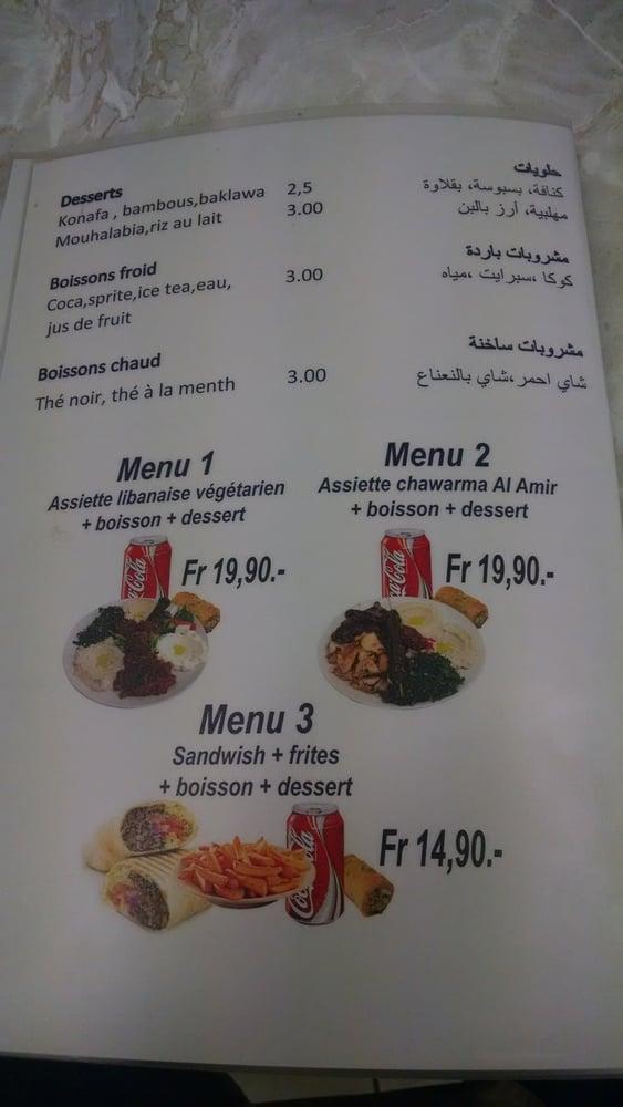 Menu at Al amir, Geneva, Rue Chaponnière 6