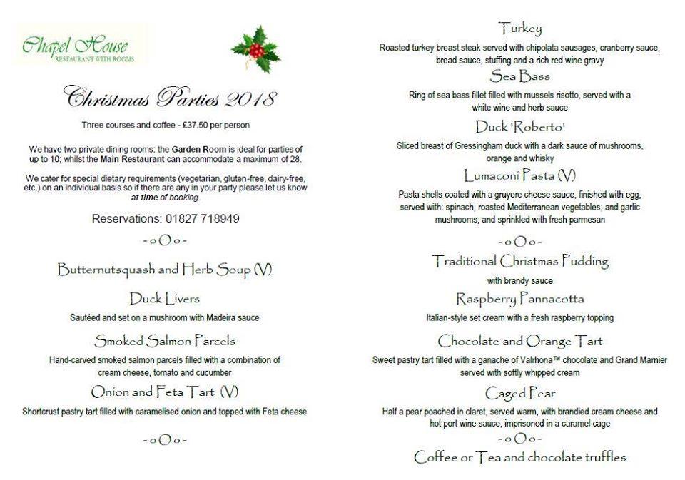 Menu at Chapel House Restaurant with Rooms, Atherstone