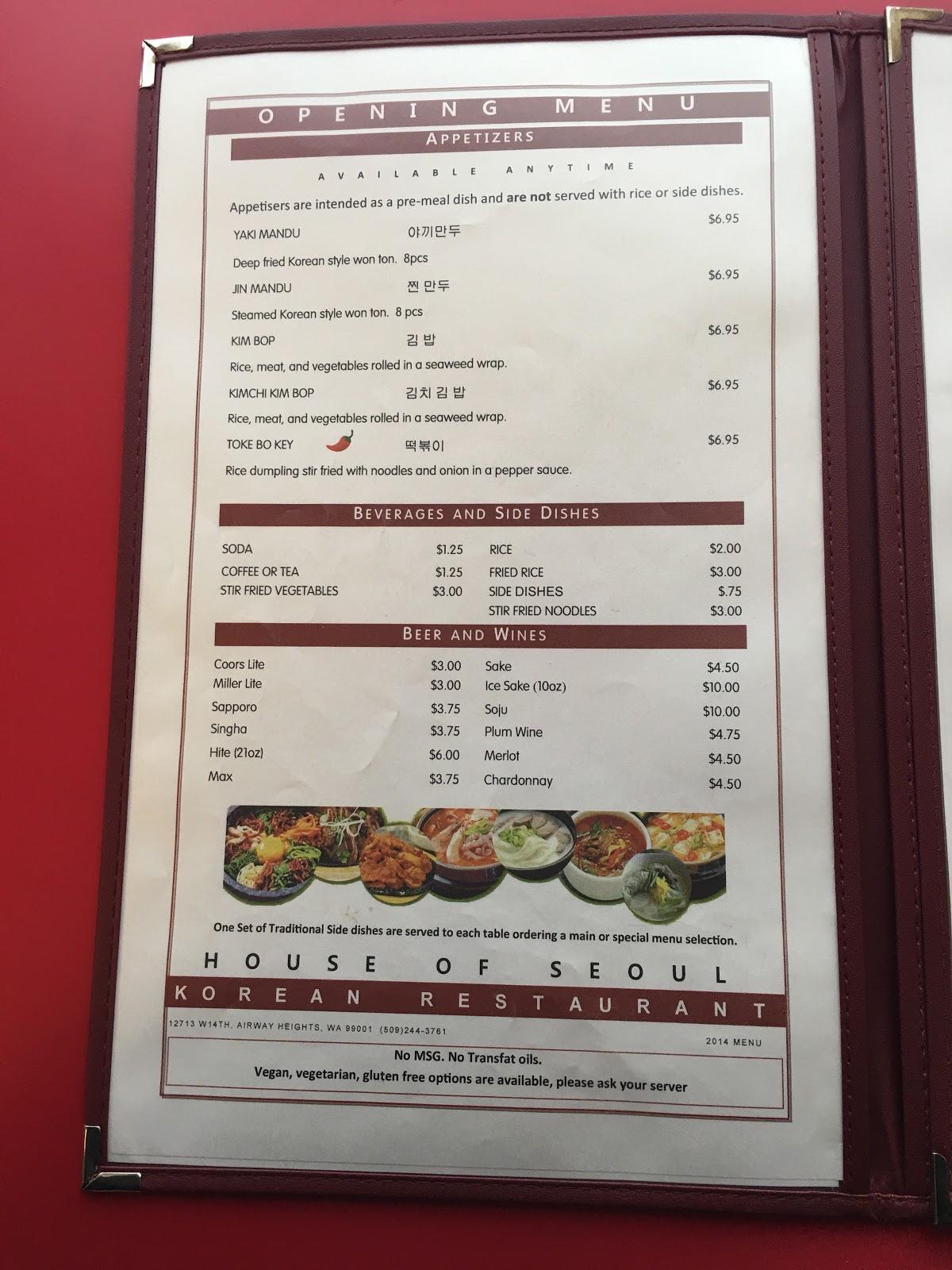 Menu at House of Seoul Restaurant, Airway Heights