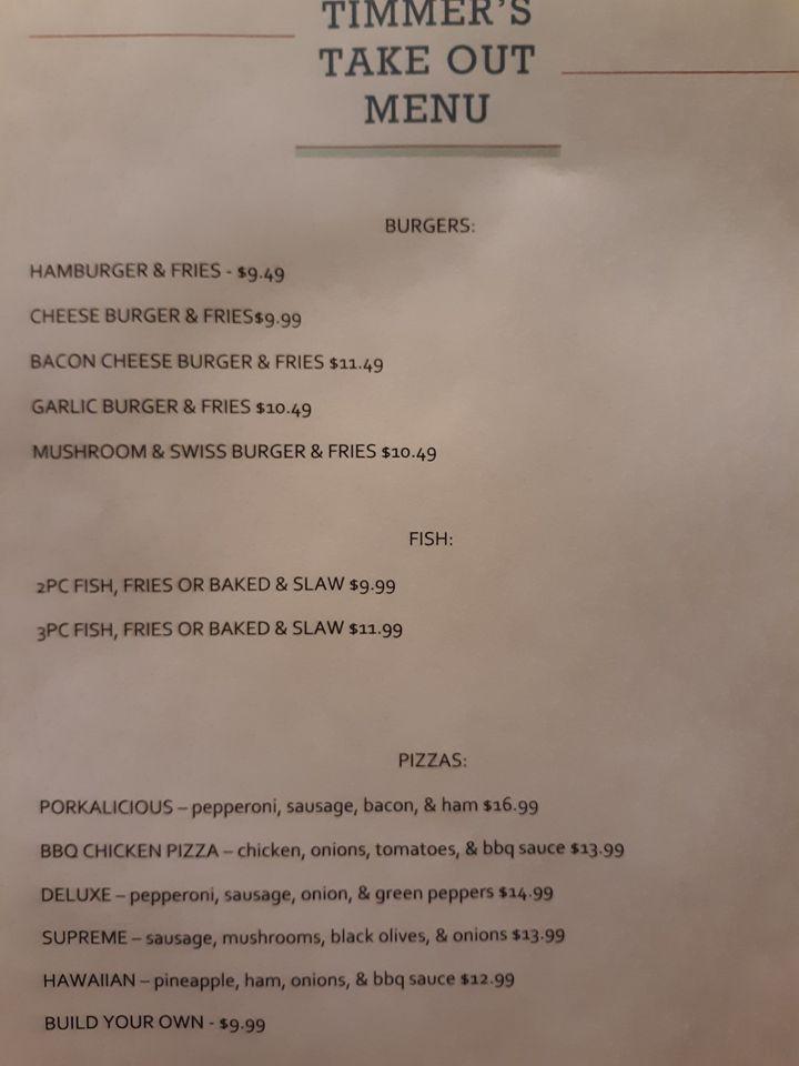 Menu at Timmer's 10 Mile Pub, La Crosse