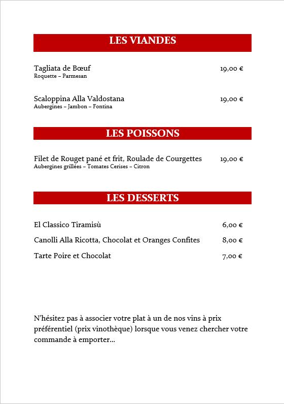 Menu at la locanda, Huy