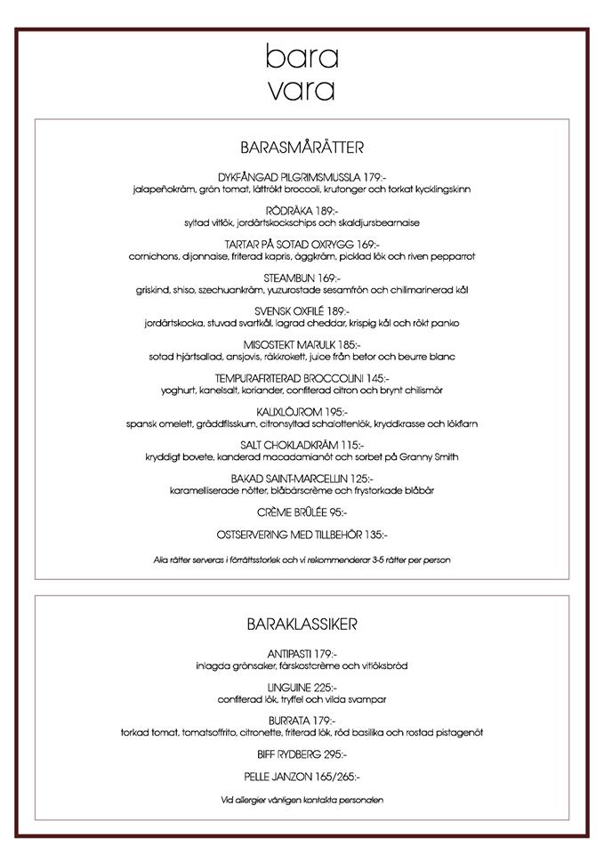 Menu at Bara Vara, Helsingborg