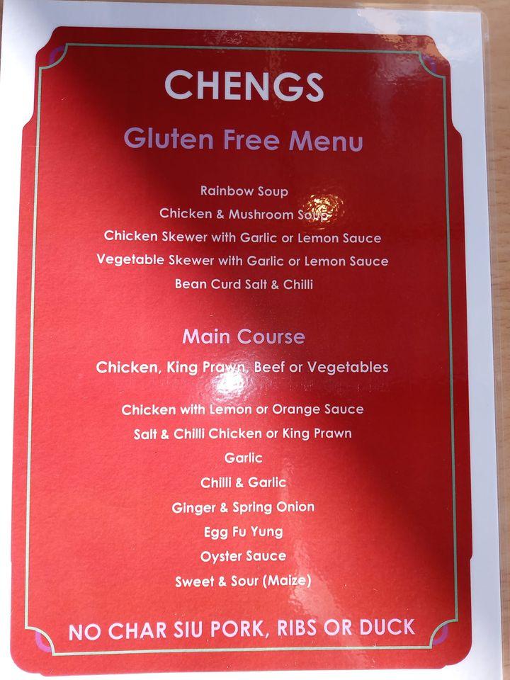 Menu at Chengs restaurant, Whitley Bay