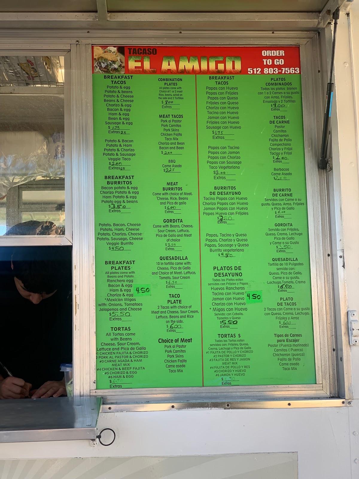 Menu at El Amigo Taco restaurant, Austin