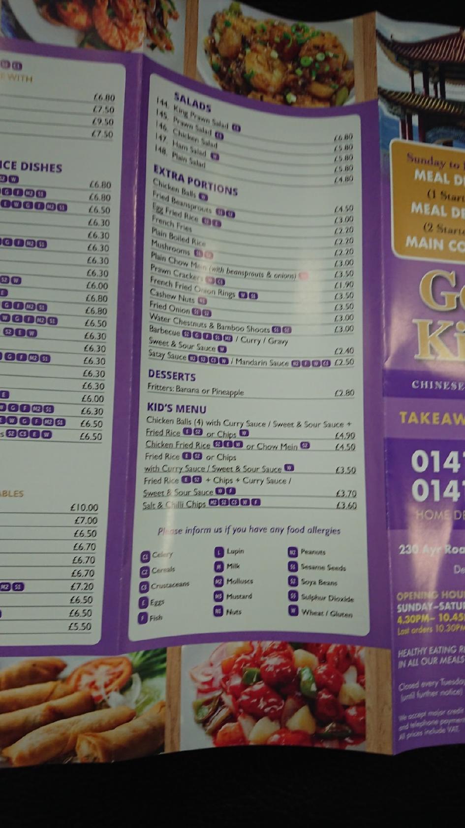 Menu at Golden Kitchen fast food, Glasgow, 230 Ayr Rd