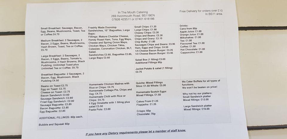 Menu at In The Mouth cafe, Bristol