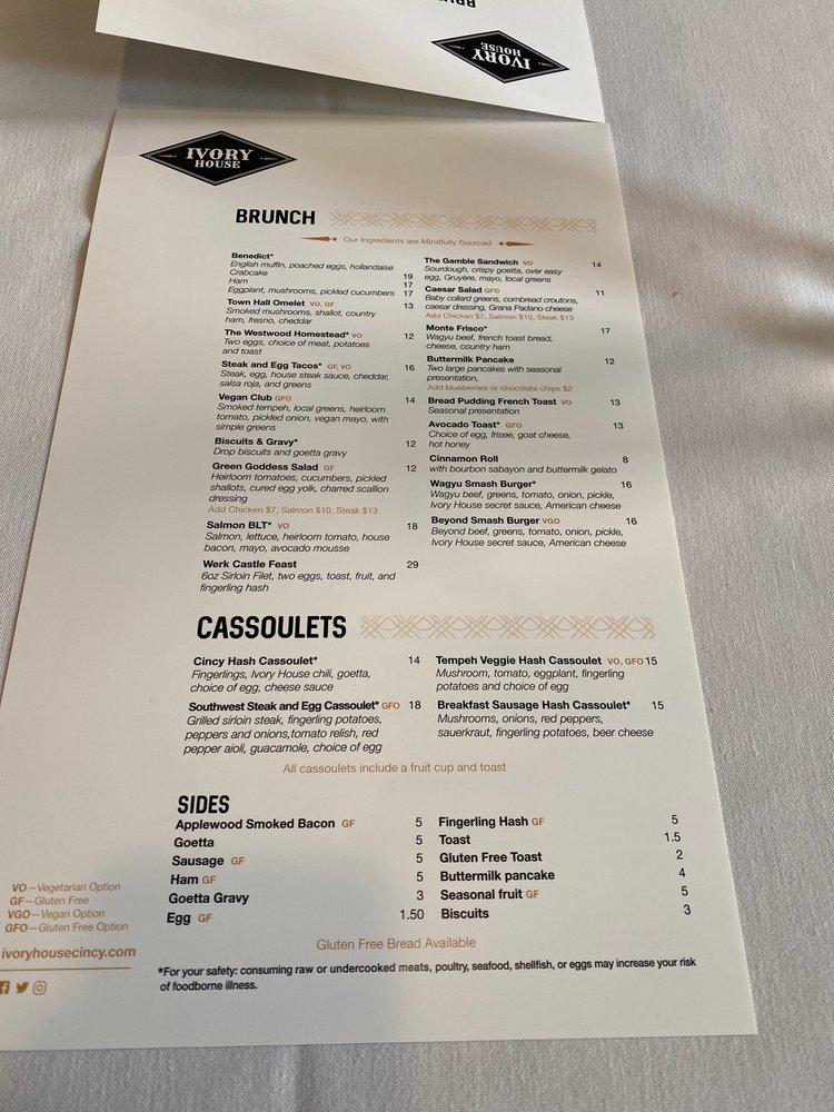 Menu at Ivory House pub & bar, Cincinnati