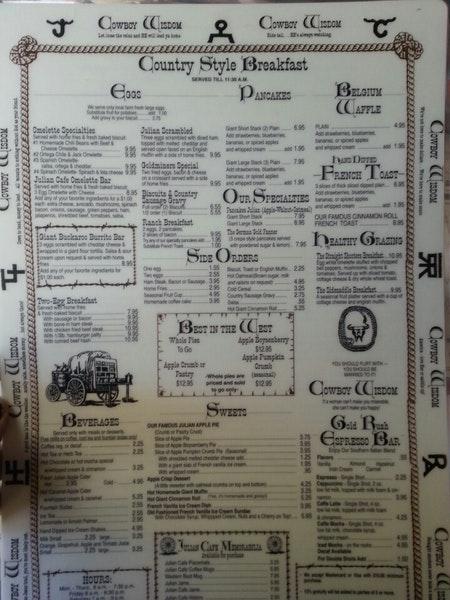 Menu at Julian Cafe, Julian, Main St