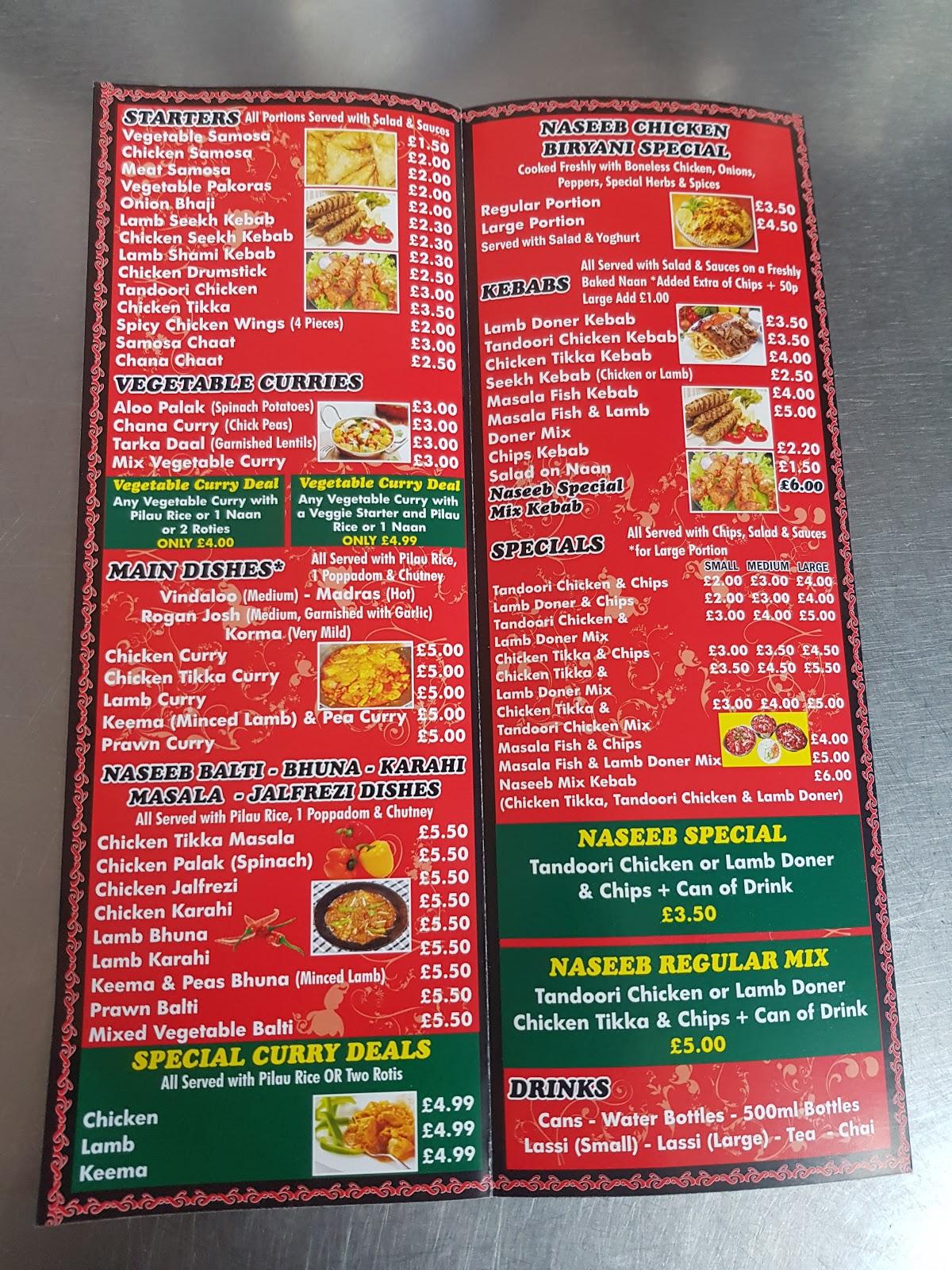 Menu at Naseeb Takeaway fast food, Nottingham