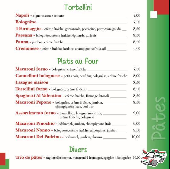 Menu au Pizza Taxi, Bastogne