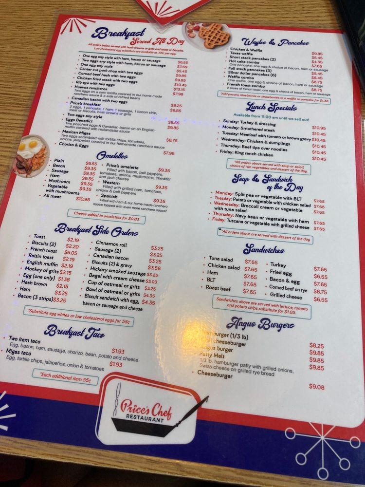 Menu at Price's Chef restaurant, Corpus Christi