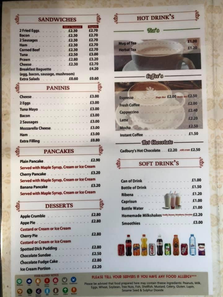 Menu at The Beano Cafe, Folkestone