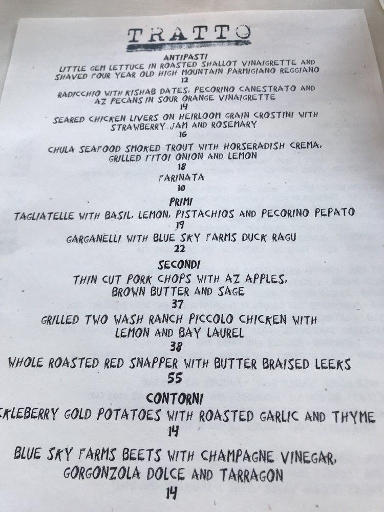 Menu at Tratto pub & bar, Phoenix, E Van Buren St