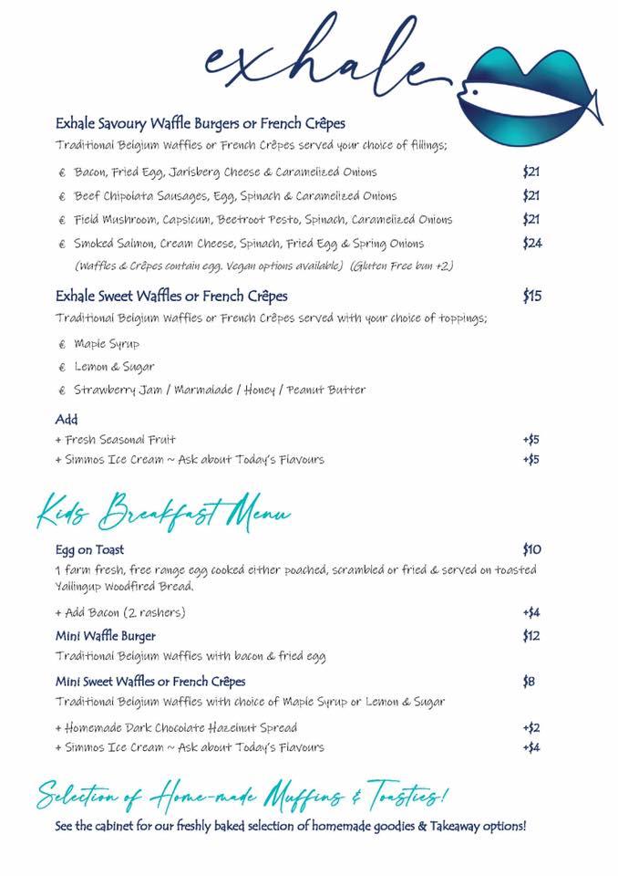 Menu at Exhale Exmouth restaurant, Exmouth