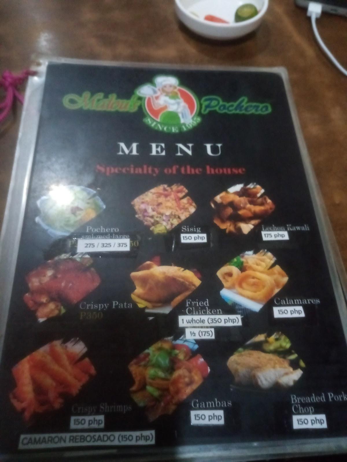 Menu at Malou's Pochero restaurant, Cebu City