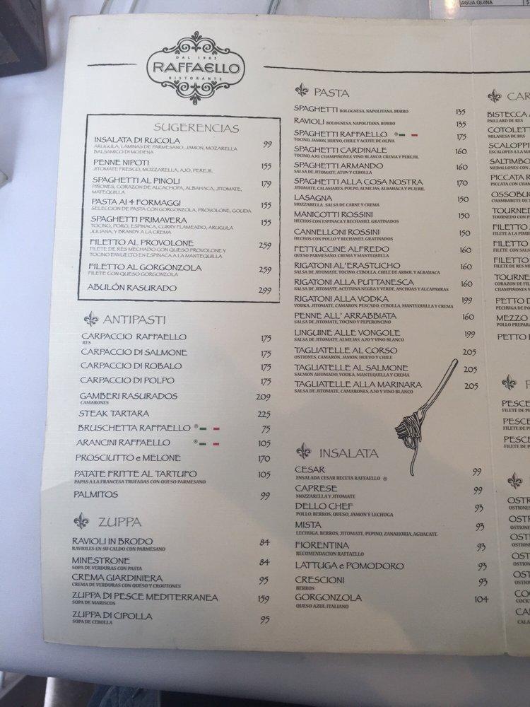 Menu at Raffaello Ristorante restaurant, Mexico City, Londres 165