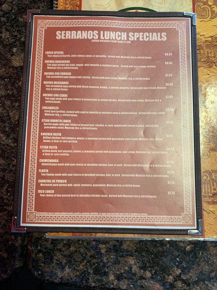 Menu at Serranos Mexican Grill restaurant, Valparaiso