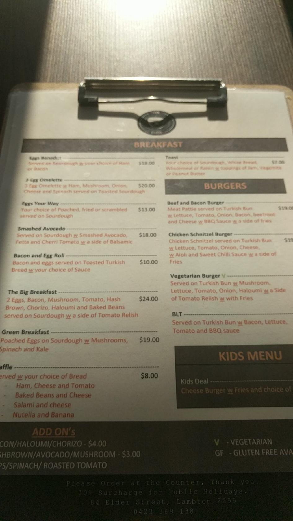 Menu at 3A Cafe, Lambton