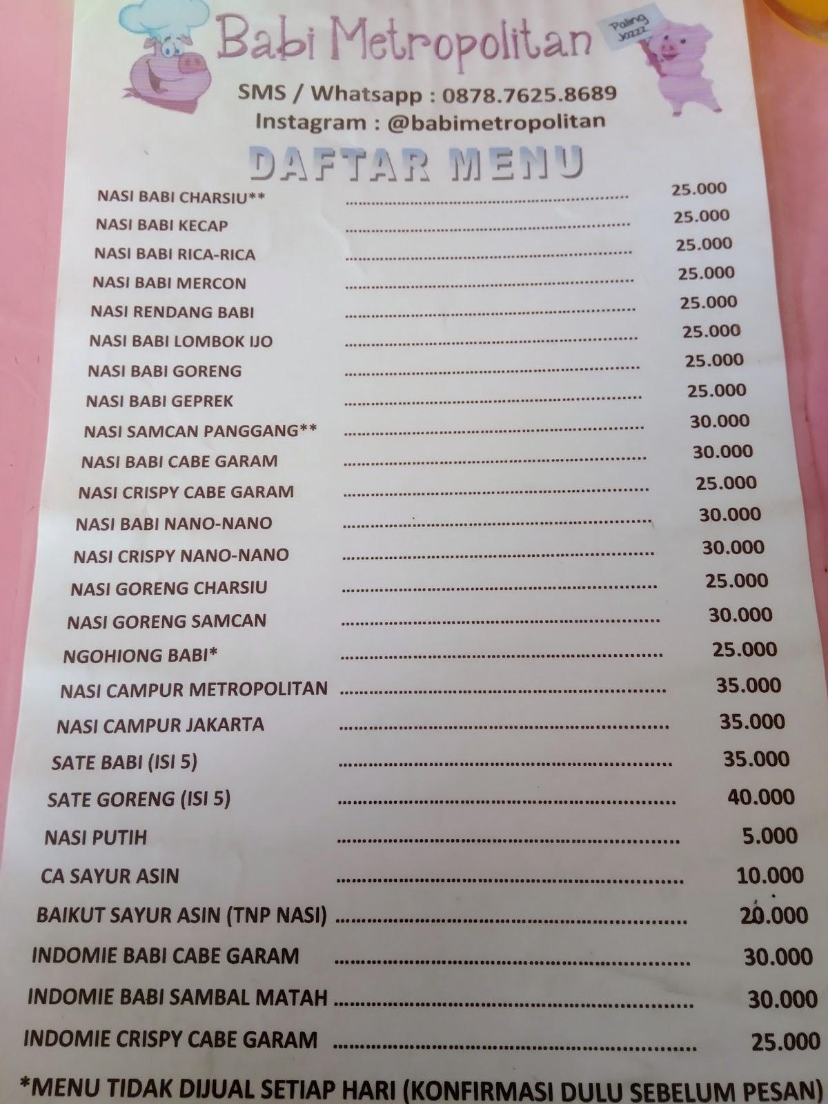 Menu at Babi Metropolitan restaurant, Semarang