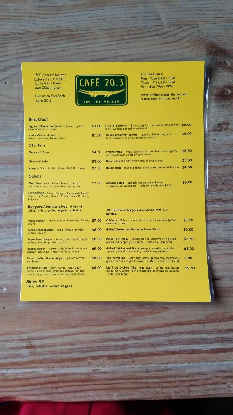 Menu at Cafe 20.3, Lafayette