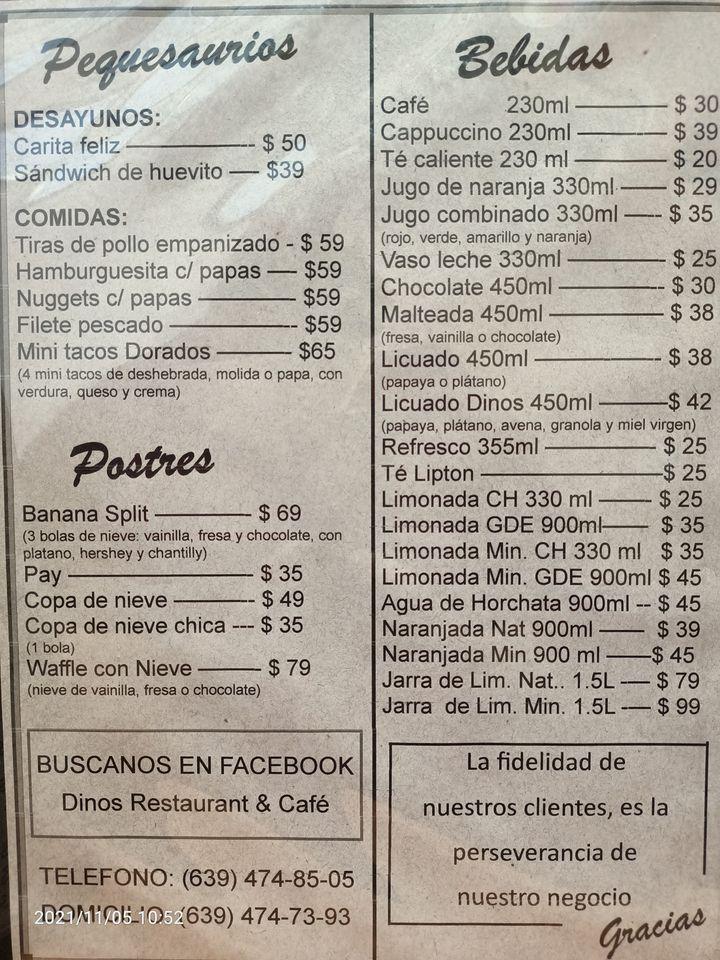Menu at Dinos Restaurant, Delicias