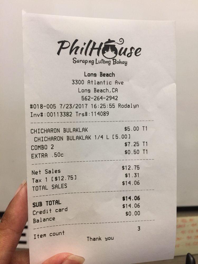 Menu at PhilHouse restaurant, Long Beach