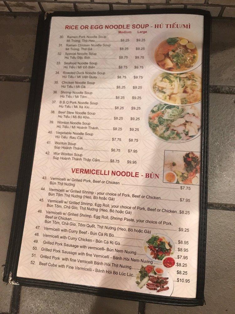 Menu at Saigon One restaurant, Modesto