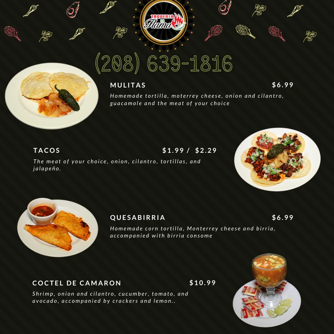 Menu at Taqueria La Flama restaurant, Boise
