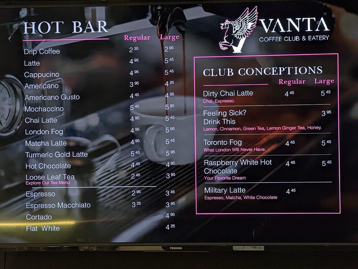 Menu at Vanta Coffee Club & Eatery, Toronto, Yonge St