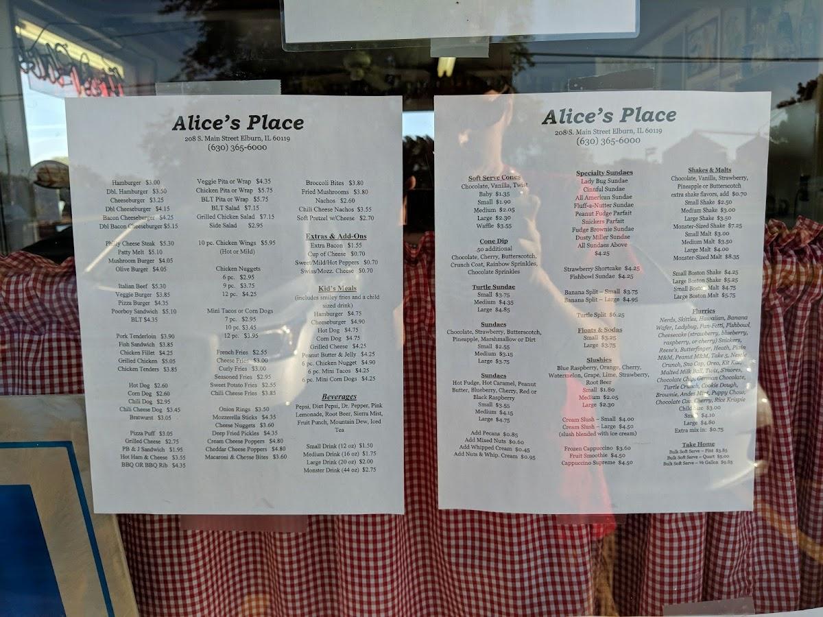 Menu at Alice's Place fast food, Elburn