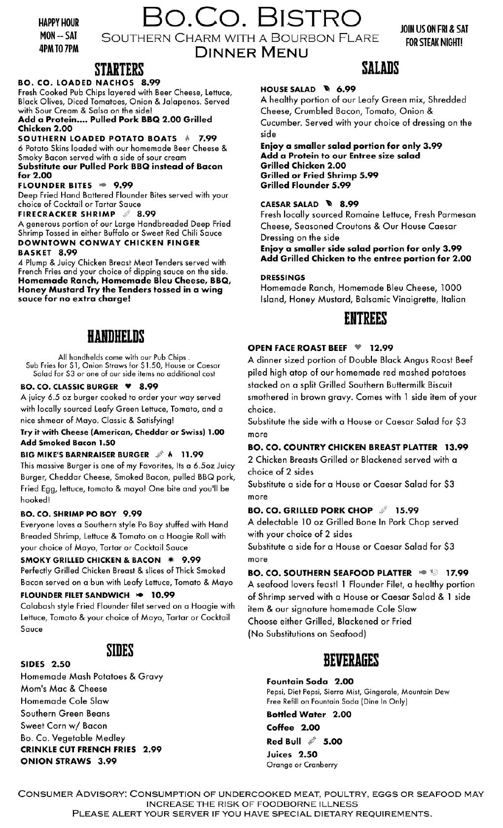 Menu at Bo.Co. Bistro restaurant, Conway