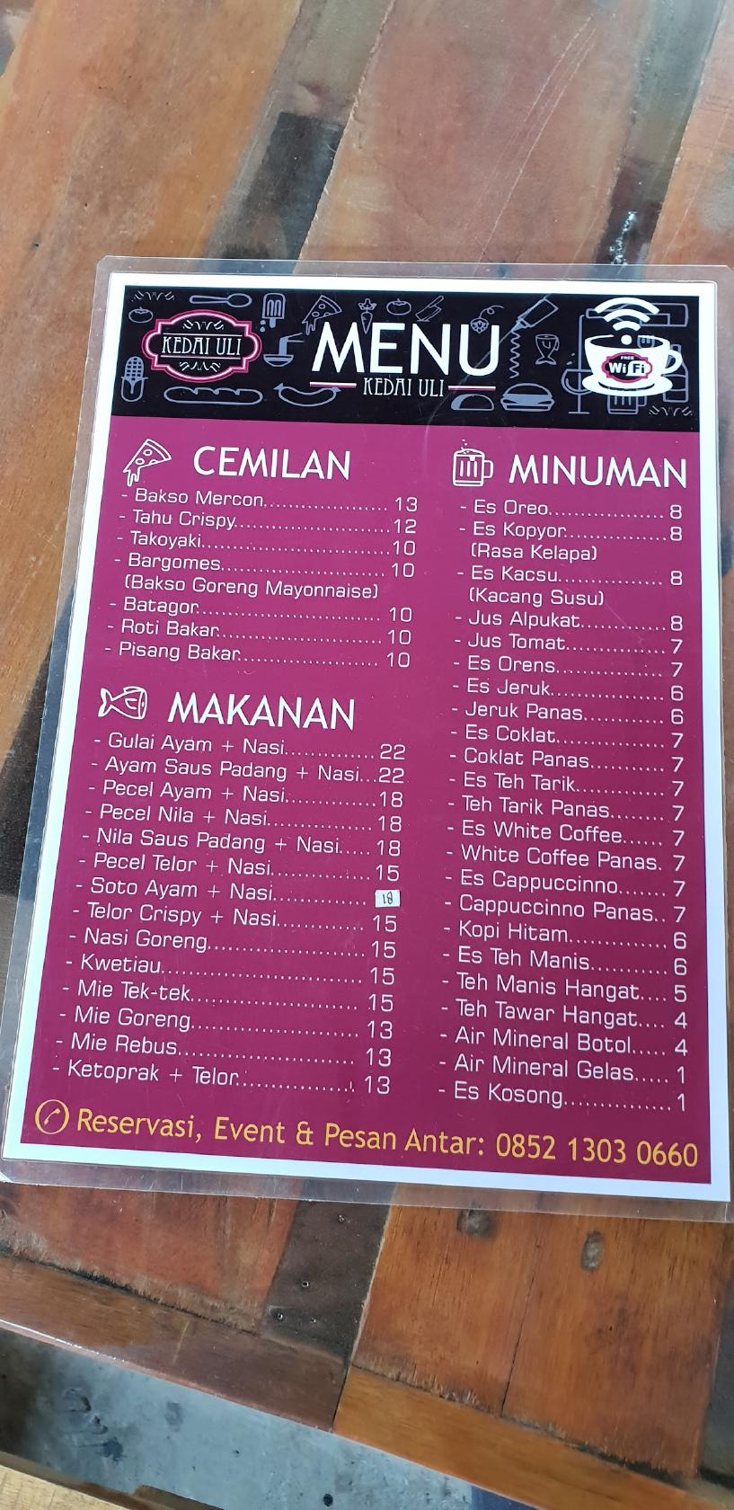 Menu at Kedai ULI cafe, Pasar Mukomuko