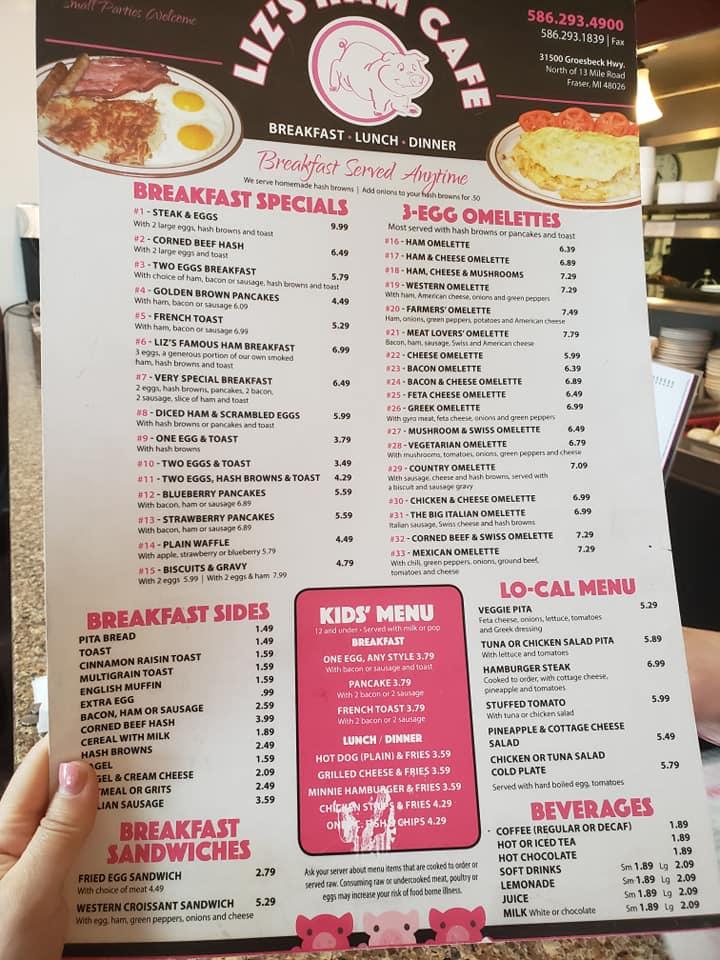 Menu at Liz's Ham Cafe, Fraser
