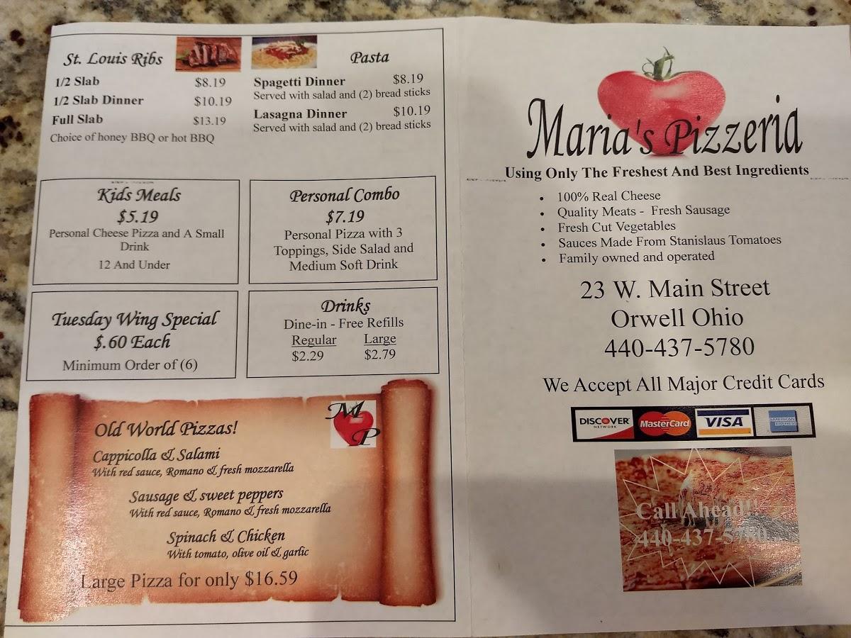 Menu at Maria's Pizzeria, Orwell