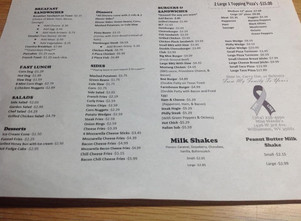 Menu at Miss Wanda's cafe, Williamson