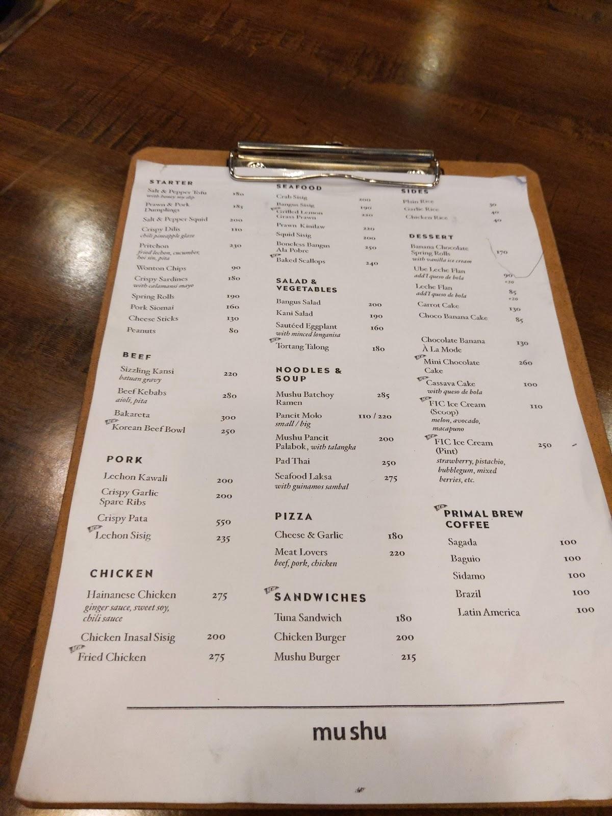 Menu at MuShu restaurant, Bacolod, 2Oth