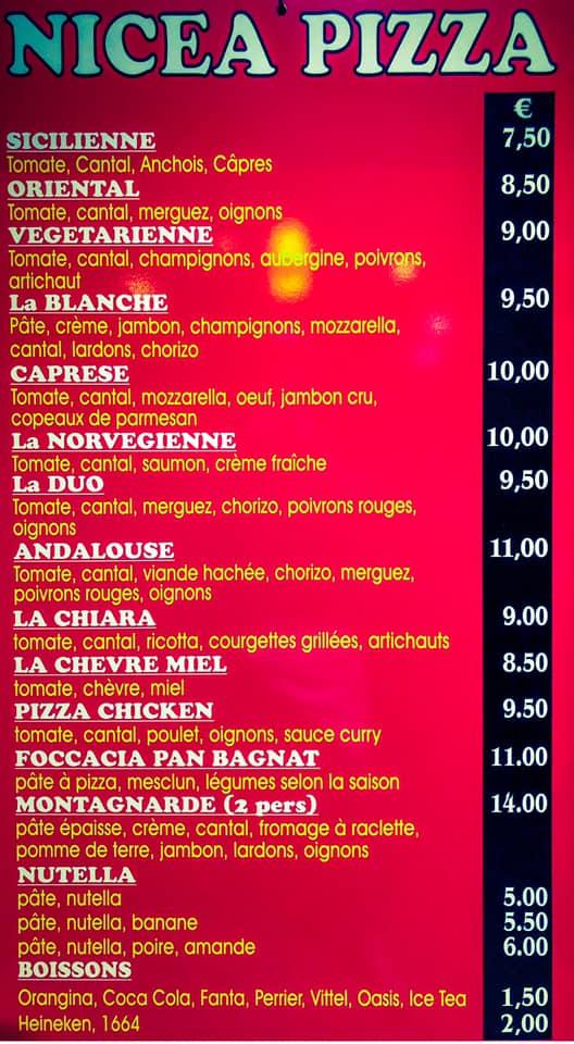Menu at Nicéa Pizza pizzeria, Nice