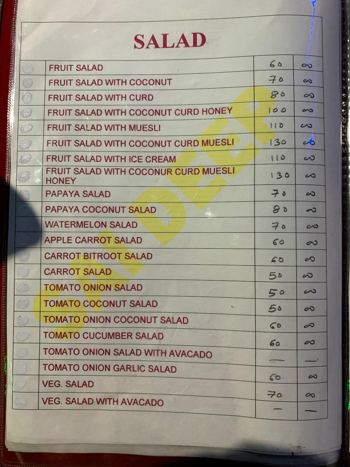Menu at Sai Deep Restaraunt, Arambol