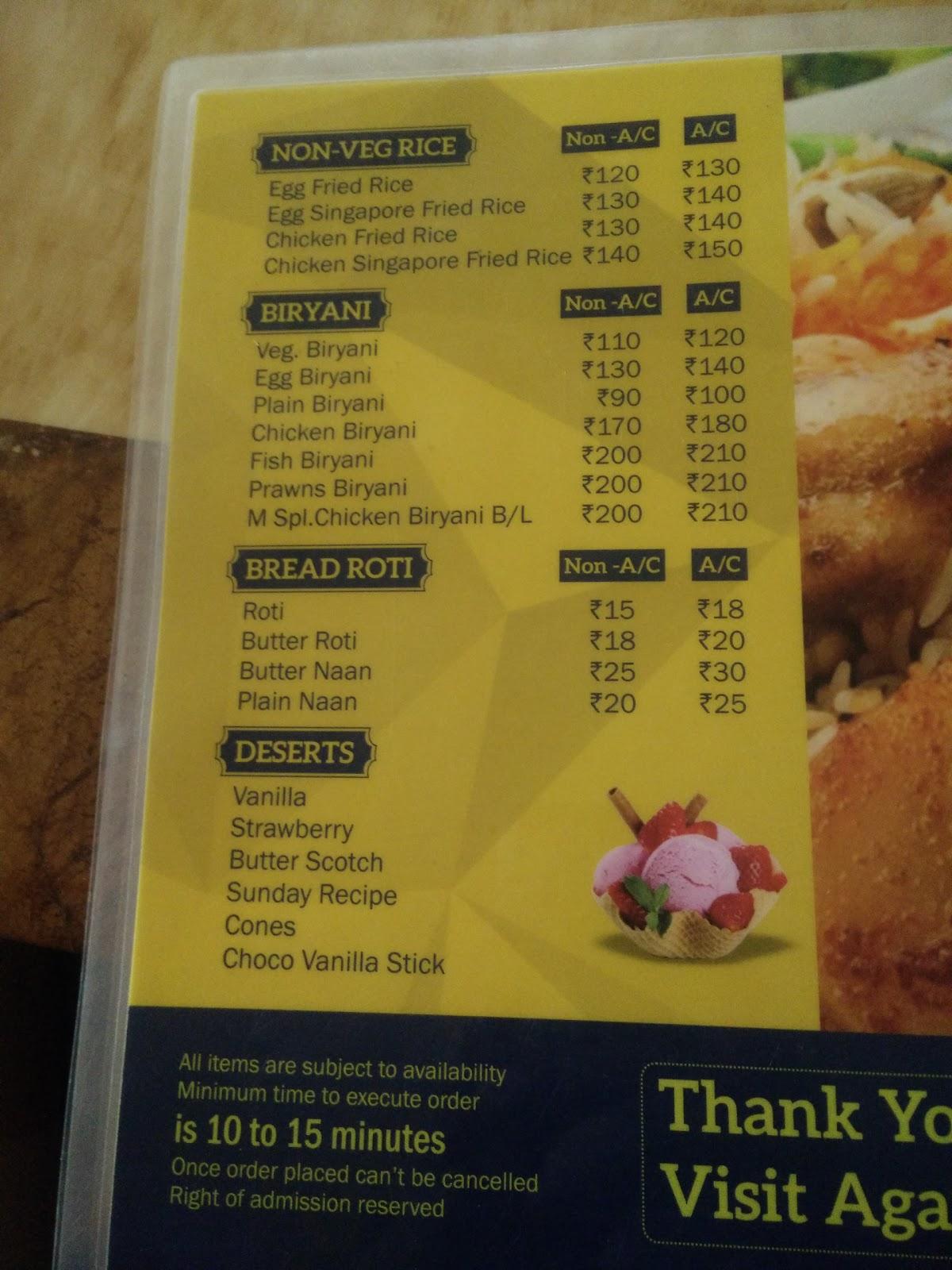 Menu at The Malgudi A/C, India