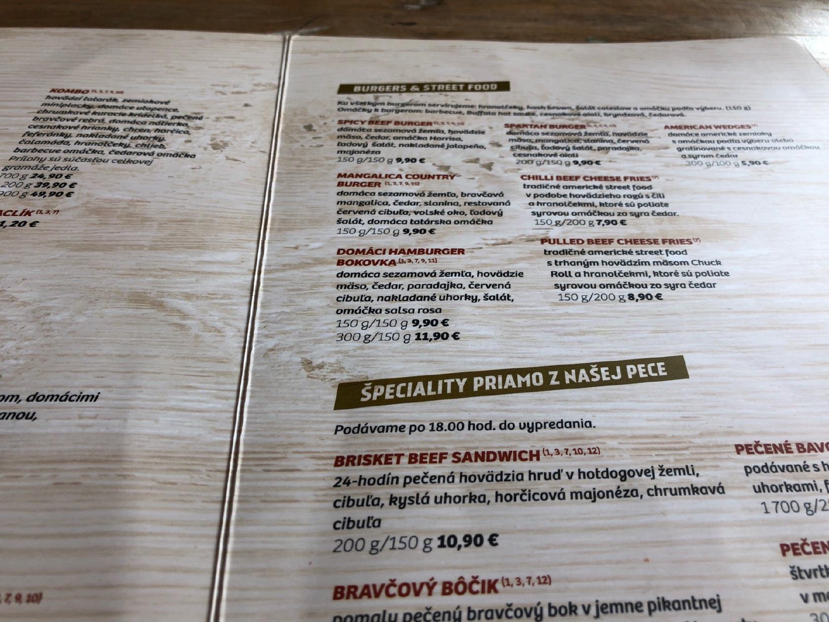 Menu at Bokovka pub & bar, Trnava