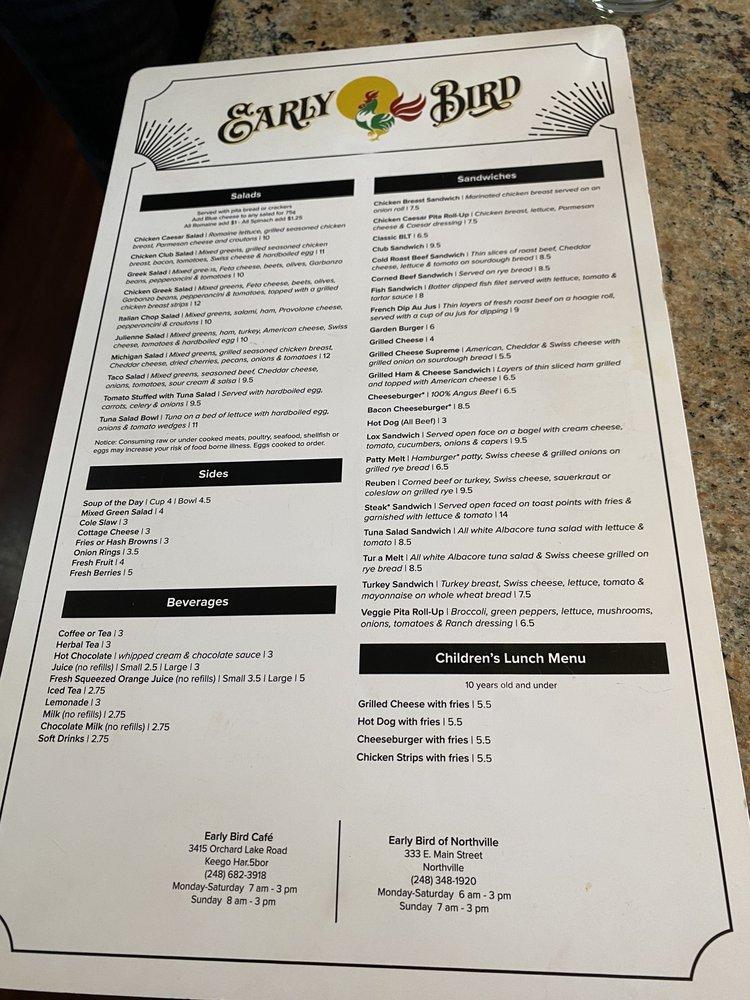 Menu at Early Bird of Northville restaurant, Northville