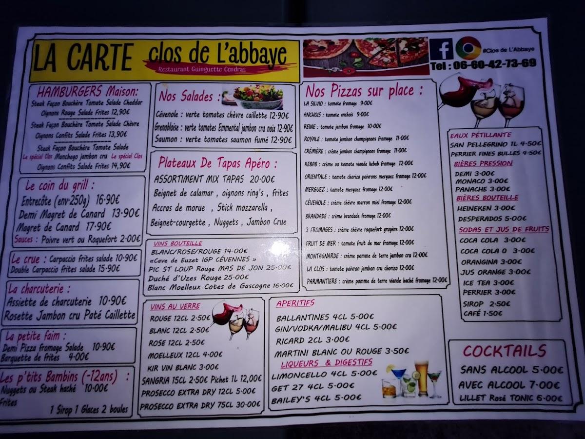 Menu au Guinguette "Le Clos de l'Abbaye" restaurant, Cendras, Av. Jean ...