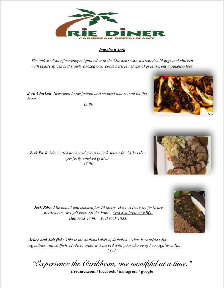 Menu at Irie Diner Caribbean Restaurant, Orange Park