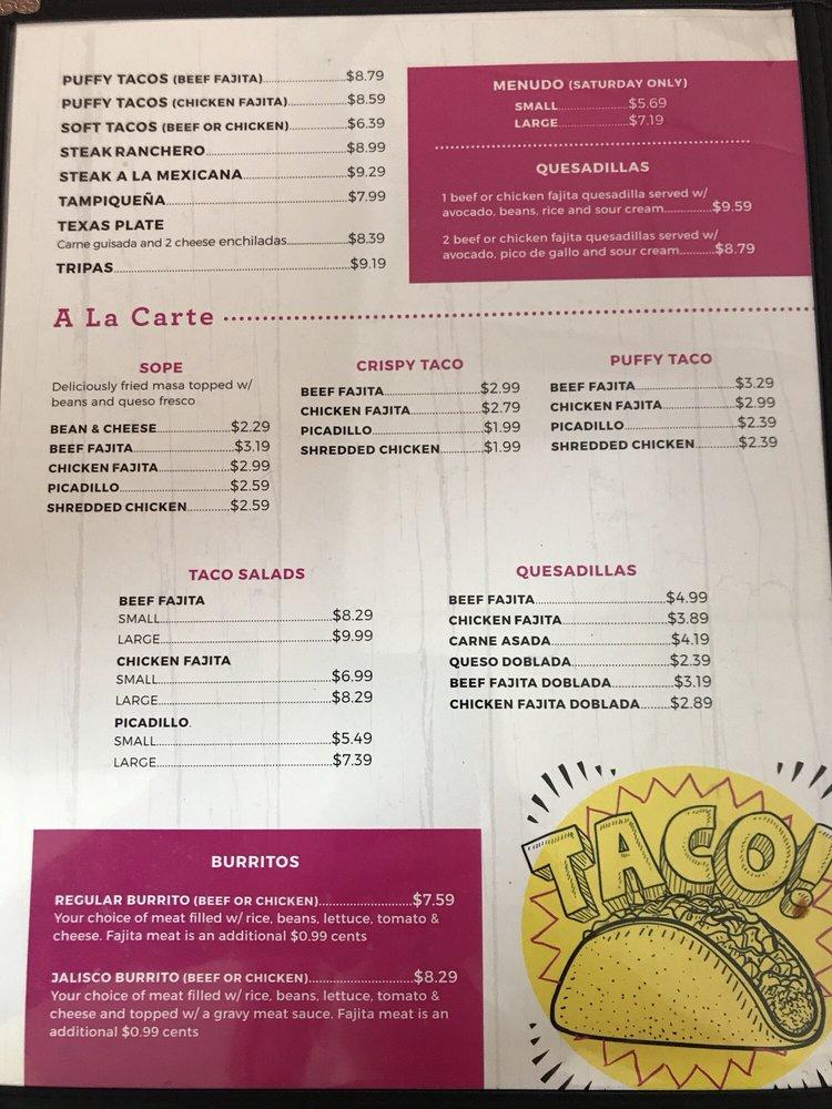 Menu at Taco La Gardenia restaurant, San Antonio, N Pine St