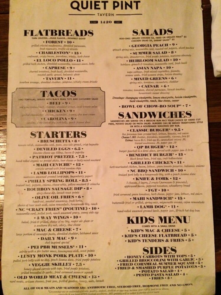 Menu at The Quiet Pint Tavern pub & bar, Winston-Salem