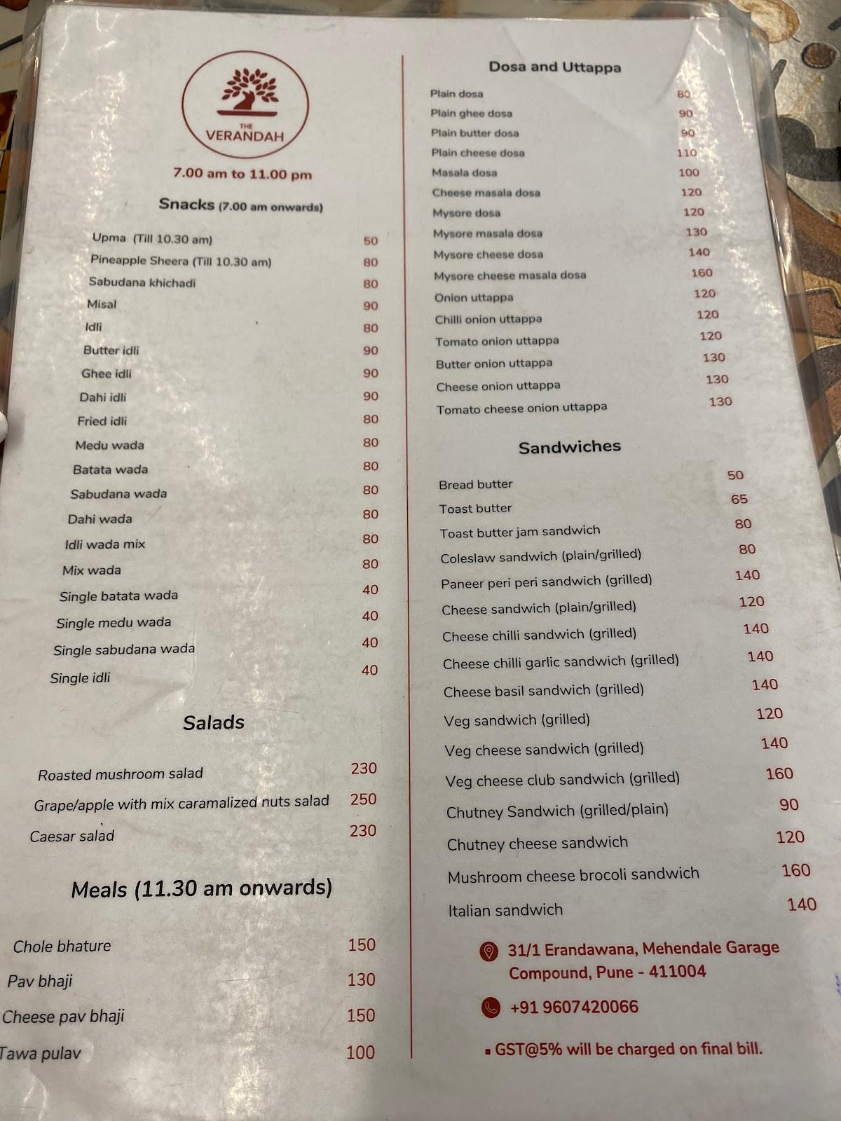 Menu at Verandah, Pune