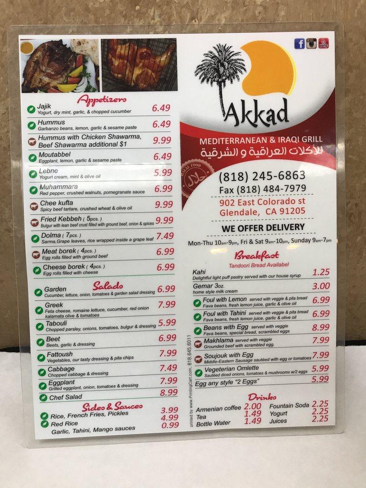 Menu at AKKAD Mediterranean & Iraqi Grill restaurant, Glendale