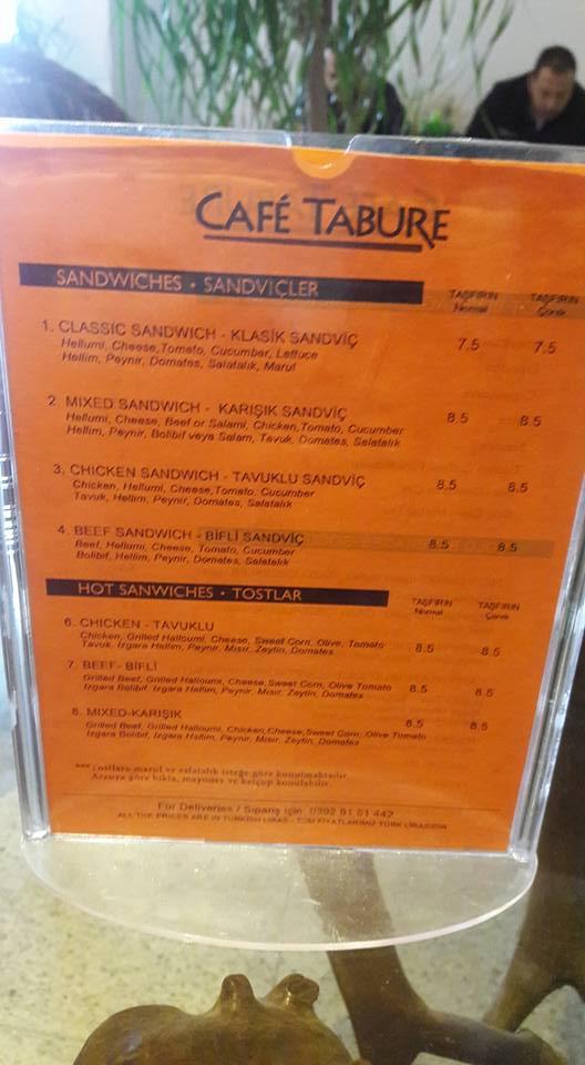 Menu at CAFE TABURE, Cyprus